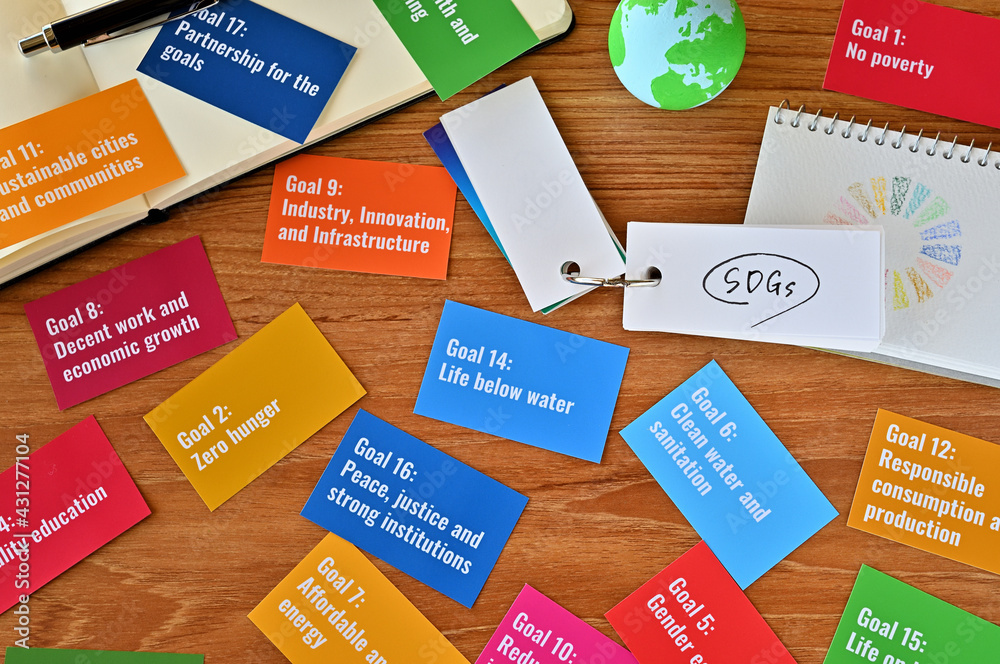 There is a table with a card with the SDG goals and a ball of earth, a ...
