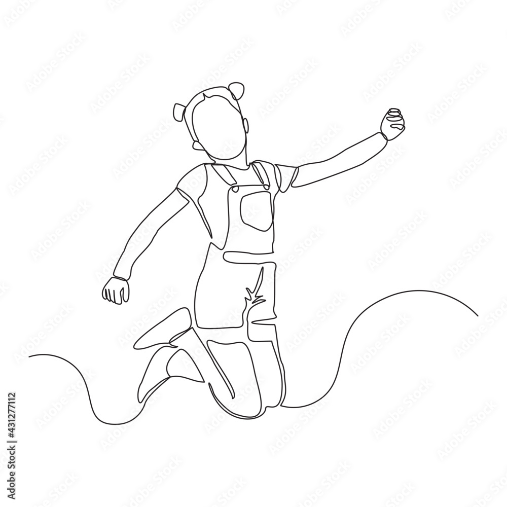Continuous line drawing of happy woman girl children dancing and ...