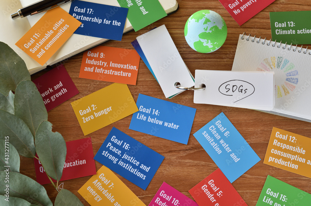 There is a table with a card with the SDG goals and a ball of earth, a ...