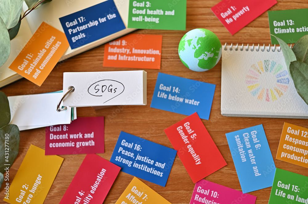 There is a table with a card with the SDG goals and a ball of earth, a ...