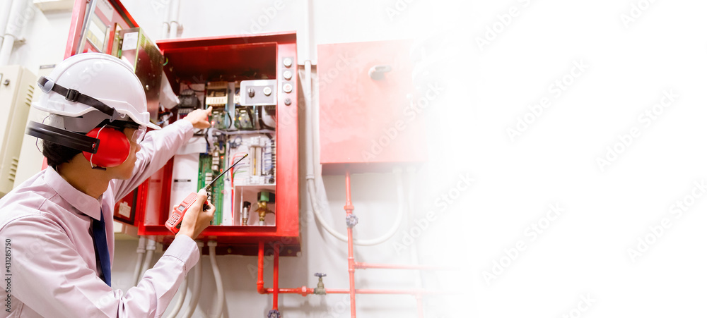 Engineer checking Industrial fire control system,Fire Alarm controller ...