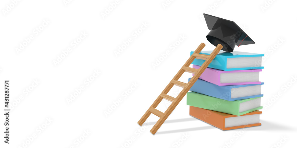 Illustration of stack of books, ladder and bachelor hat with higher ...