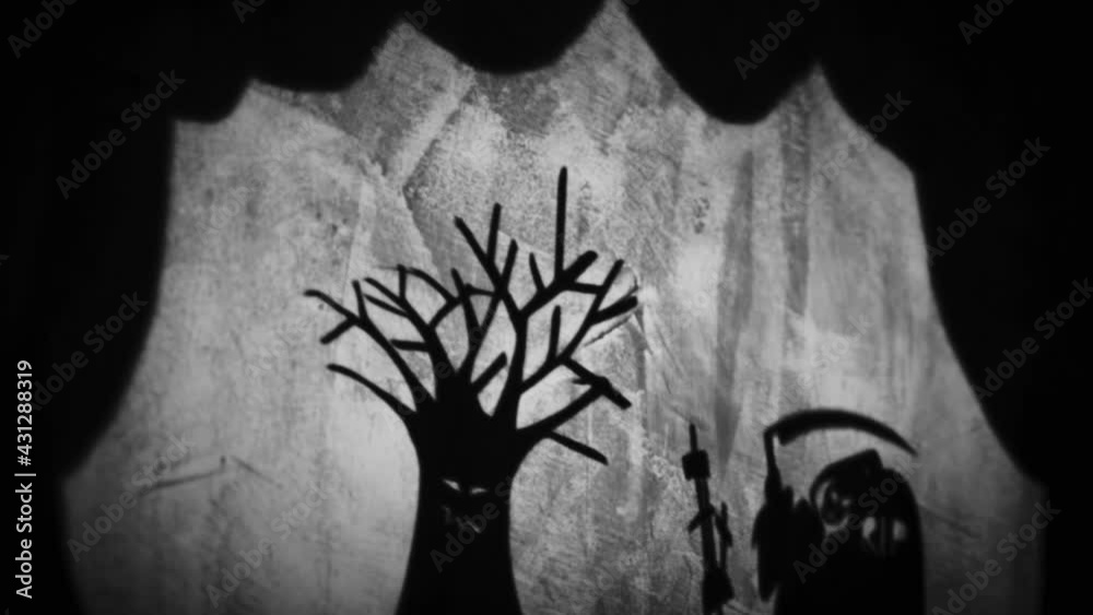 Vintage animation, shadow theatre on a wall. Pantomime, fantasy story ...