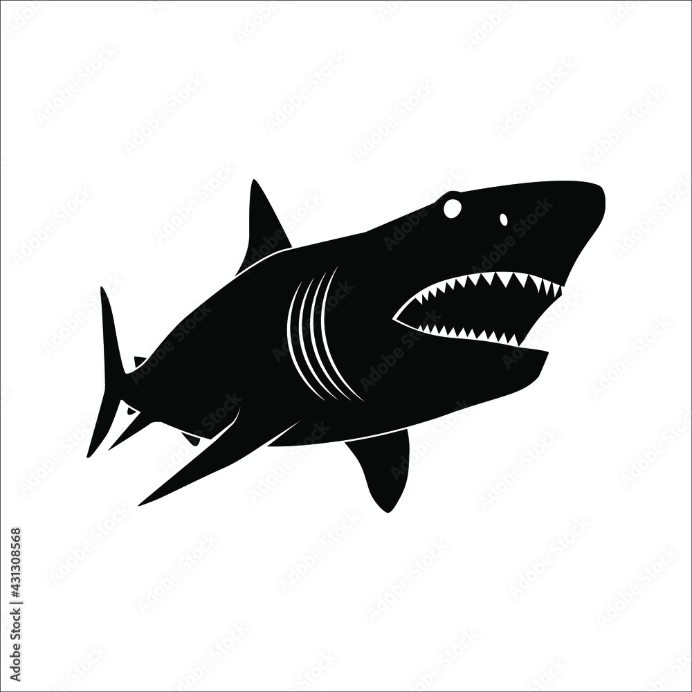 Vector illustration of a black silhouette shark. Icon fish shark side ...