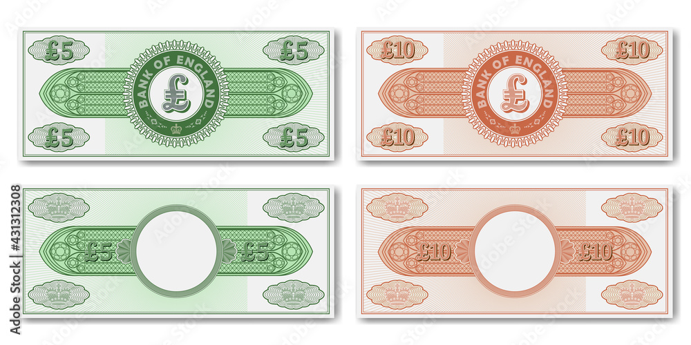 A set of fictional paper money of England. Obverse and reverse of 5 and ...