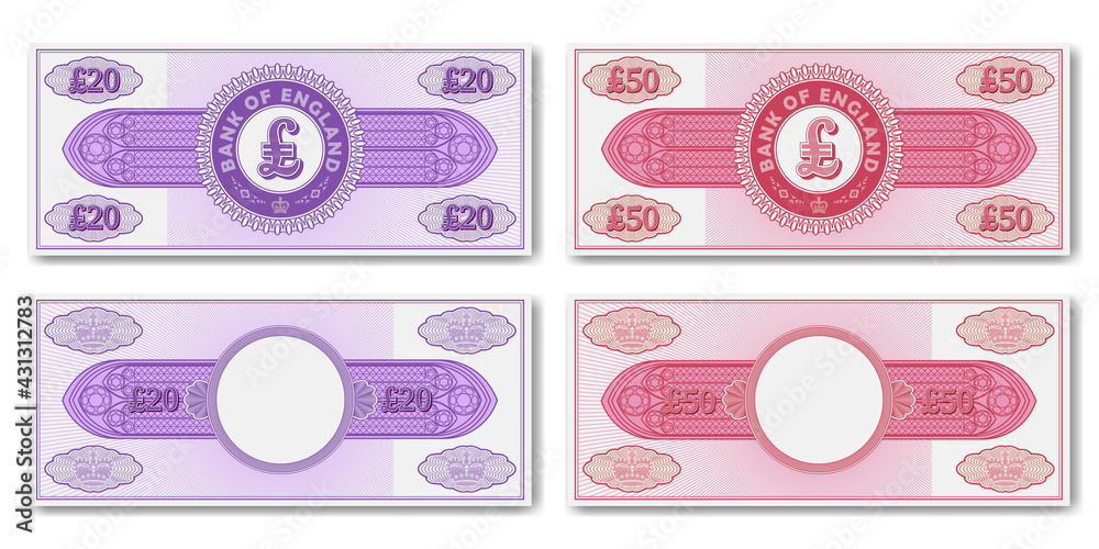 A set of fictional paper money of England. Obverse and reverse of 20 ...