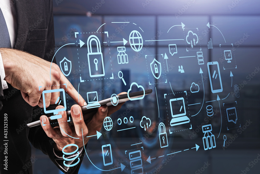 Businessman in suit using tablet device, double exposure with network ...