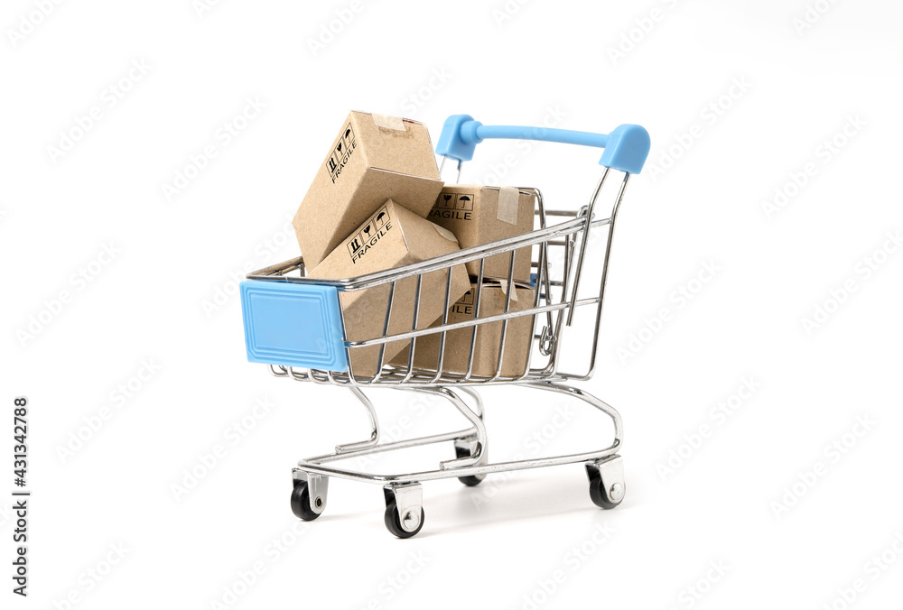 Isolated of Small Cartons box with shopping trolley on white background ...