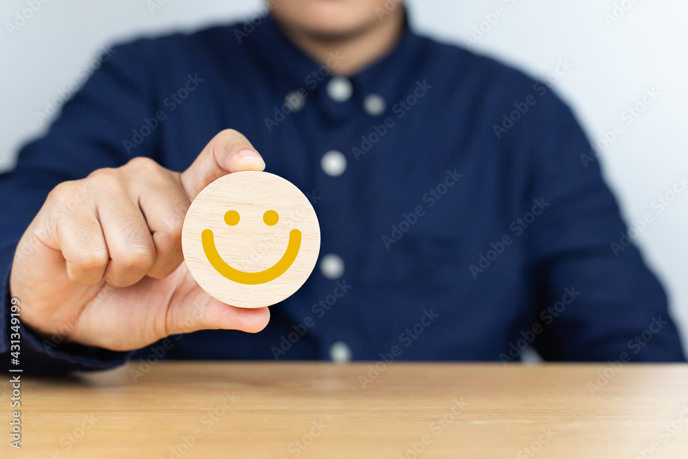 Customer show smile face emoticon for rating. Service rating, feedback ...