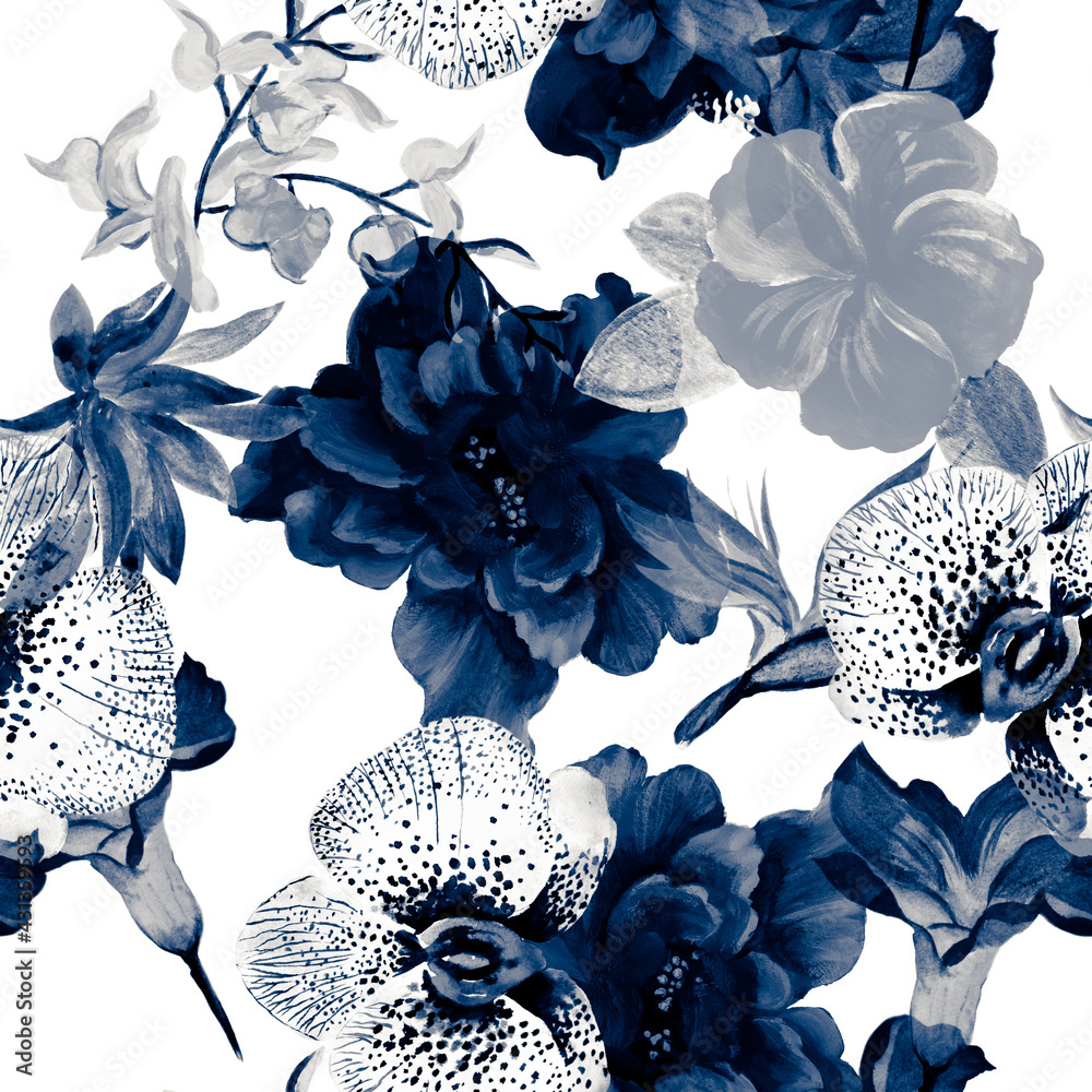 Azure Flower Backdrop. Blue Summer Backdrop. Indigo Seamless Texture ...