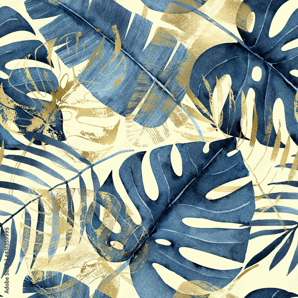 Watercolor seamless pattern with navy blue and golden tropical leaves ...
