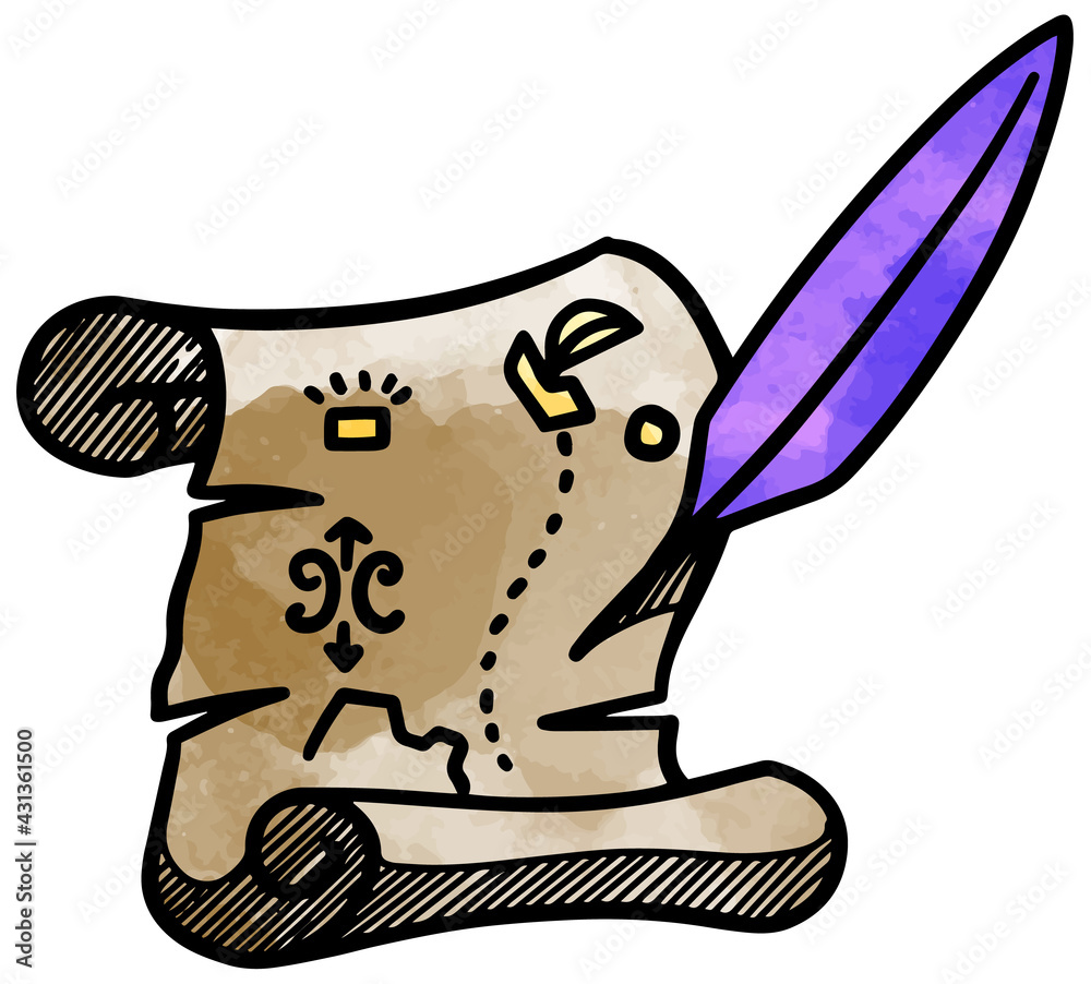 Old paper map icon style hand drawn watercolor vector illustration ...