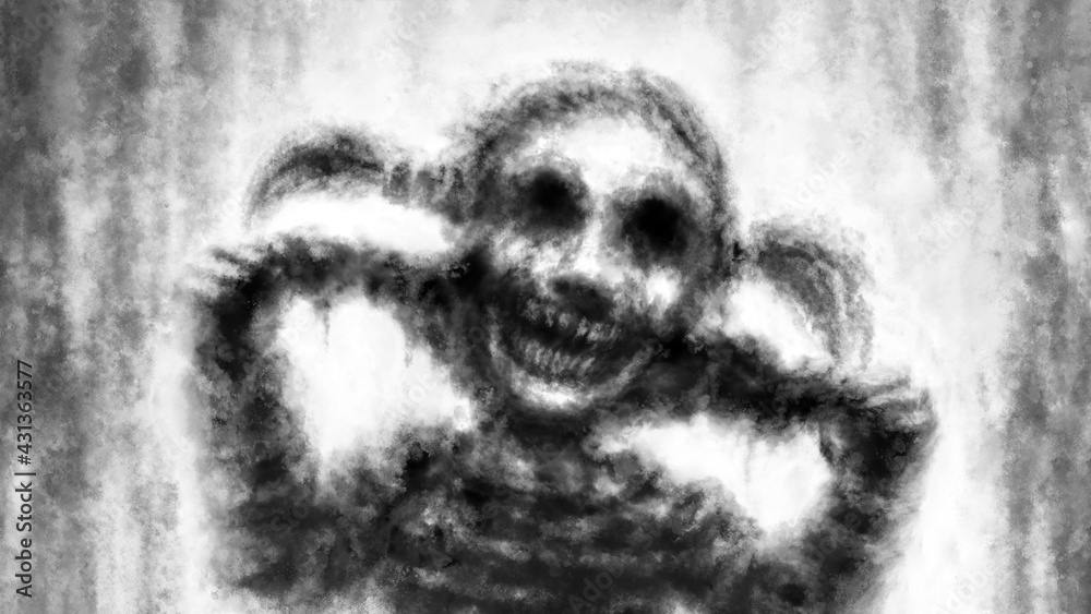 Scary demon girl laughs. Angry undead screams. Spooky illustration in ...
