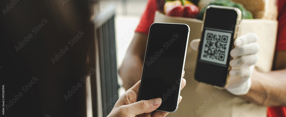 customer hand using digital mobile phone scan QR code paying for buy ...