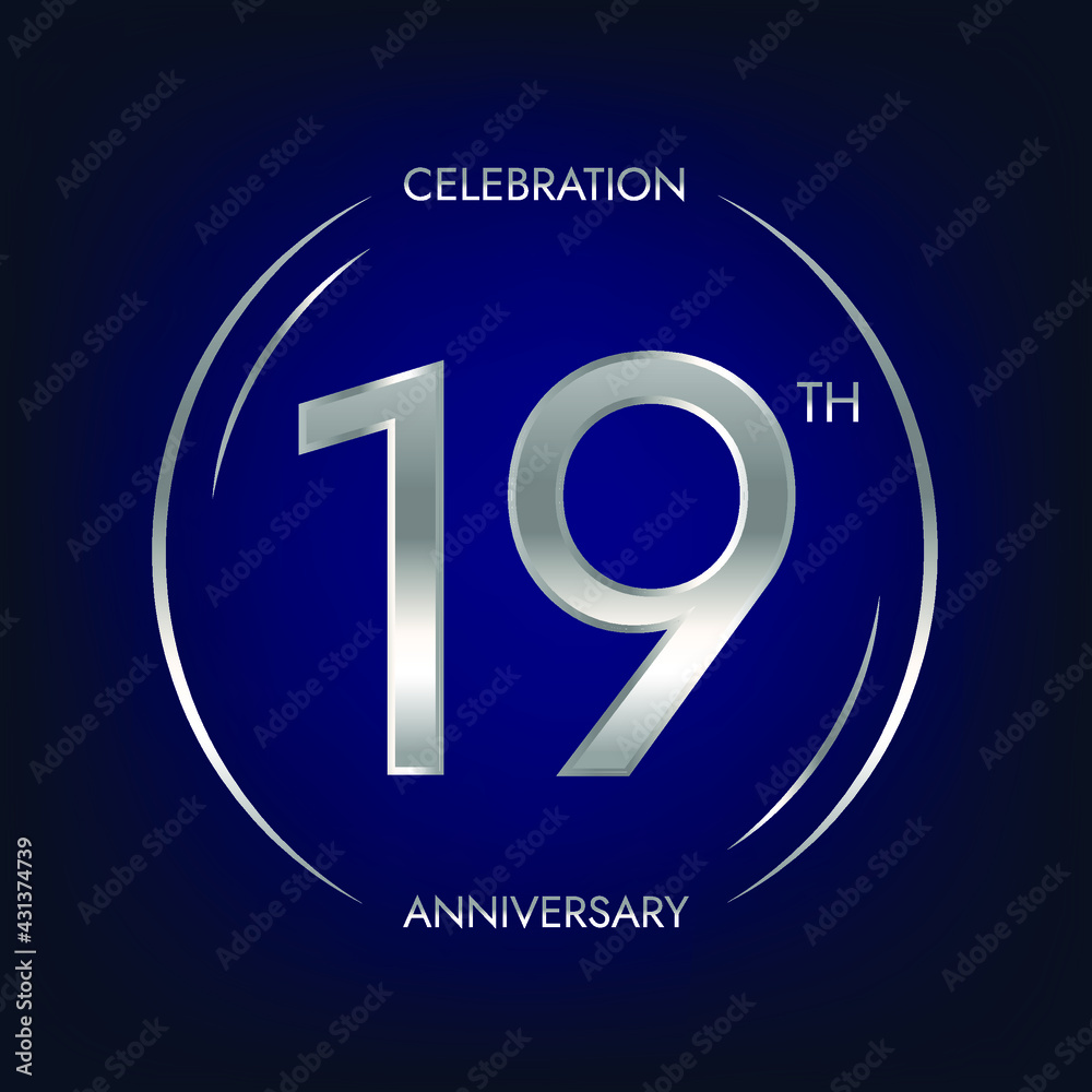 19th anniversary. Nineteen years birthday celebration banner in silver ...