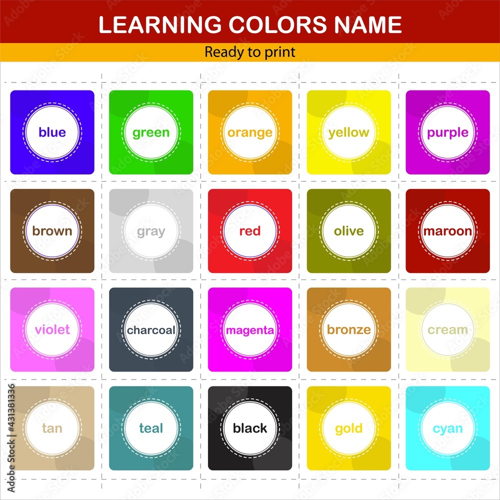 Color flashcard for learning colors name. Kids education card ready to ...