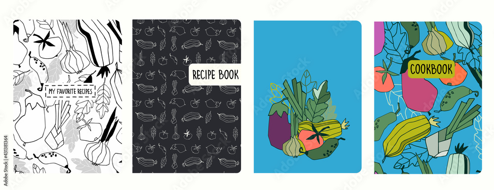 Cover page templates for recipe books based on patterns with vegetables ...