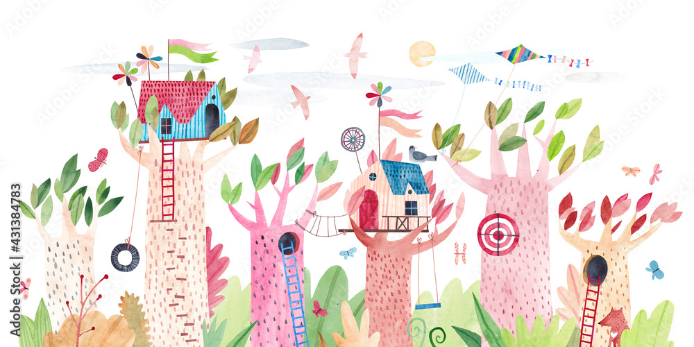 Cute children tree houses. Playground in the park. Watercolor ...