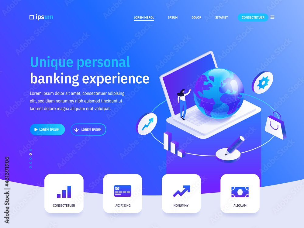 Vector landing page of Unique personal banking experience isometric ...