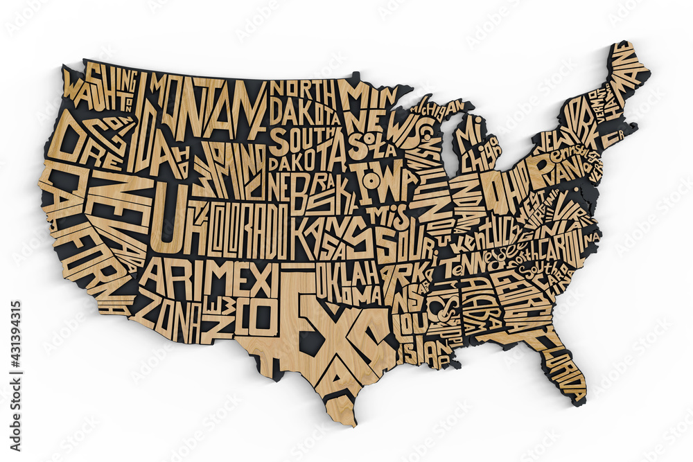 3d Geographic Map of USA Wood Lettering Render Stock Illustration ...
