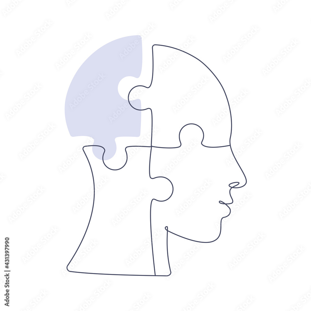 Puzzle shaped head lacking one piece in one line drawing. Concept of ...