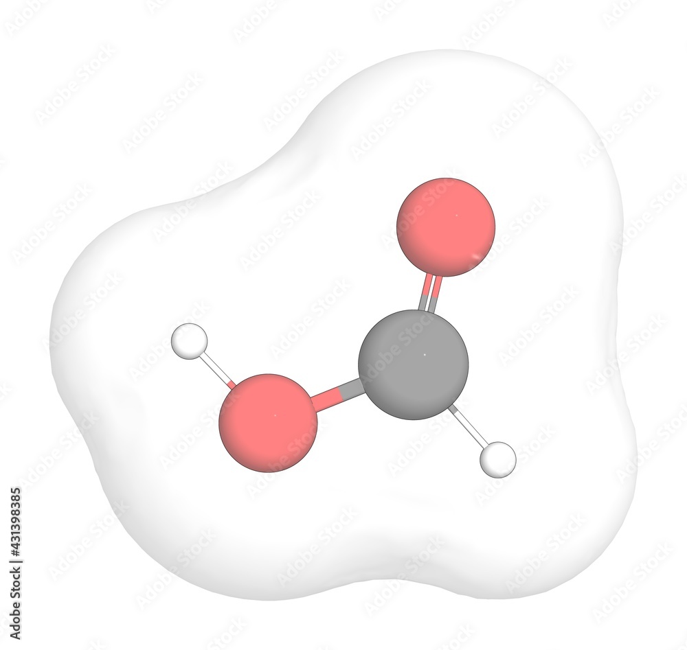3D rendering of Formic Acid with white transparent surface over a white ...