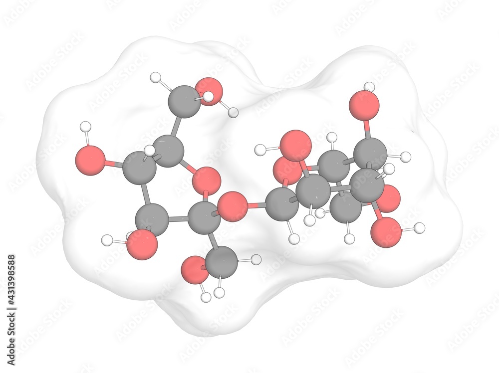 3D rendering of Sucrose with white transparent surface over a white ...