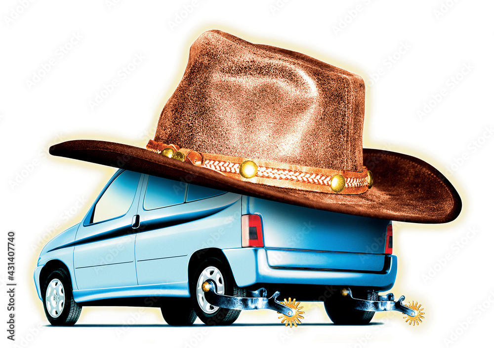Illustration of small two doors white car with cow boy black hat and ...