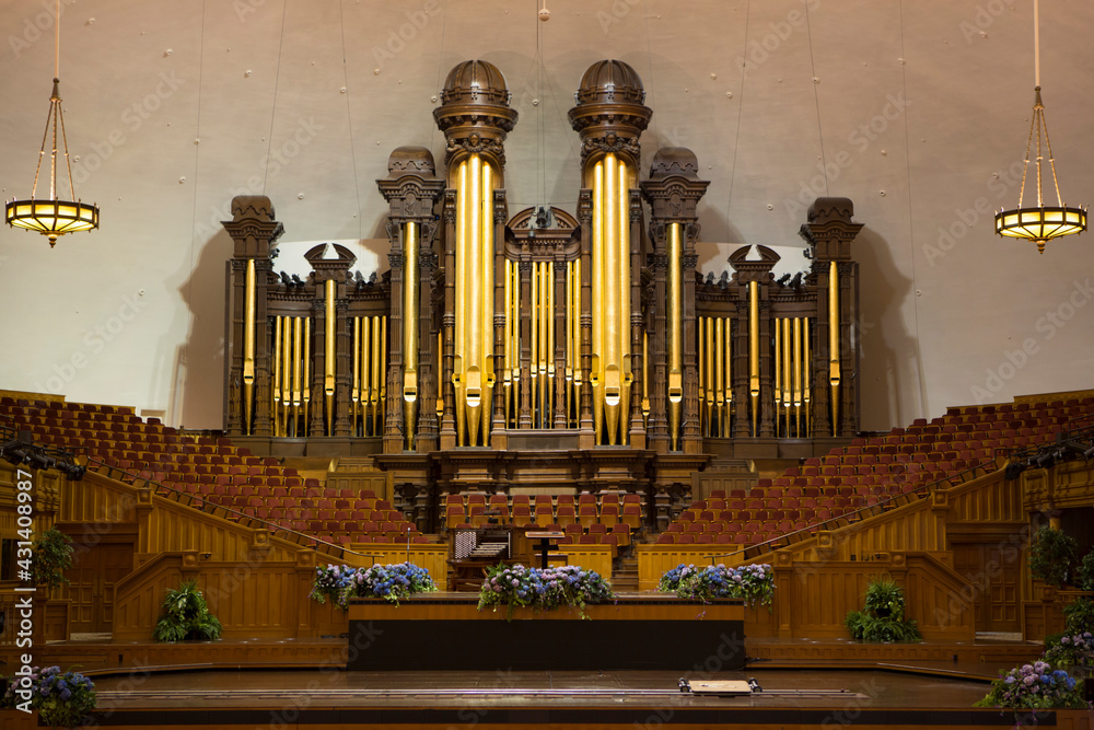 Church organ pipes and the Interior of the Mormon Tabernacle Temple Square, Salt Lake City, Utah ...