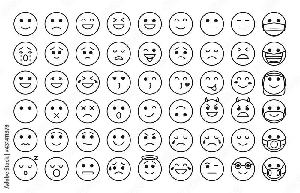 Black outline funny emoji icons set. Mood or facial emotion symbol for ...
