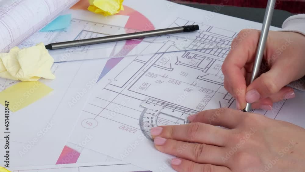 4k Architect designer Interior creative working hand drawing blueprints ...