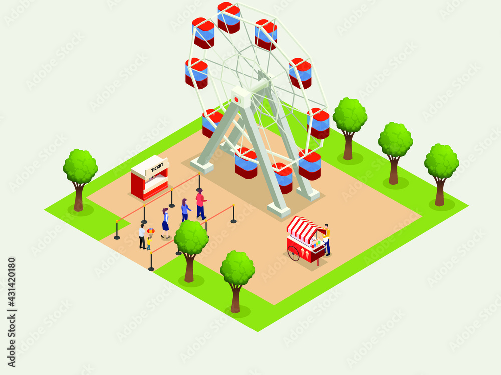 Amusement park vector concept. Happy people waiting in line for a ...