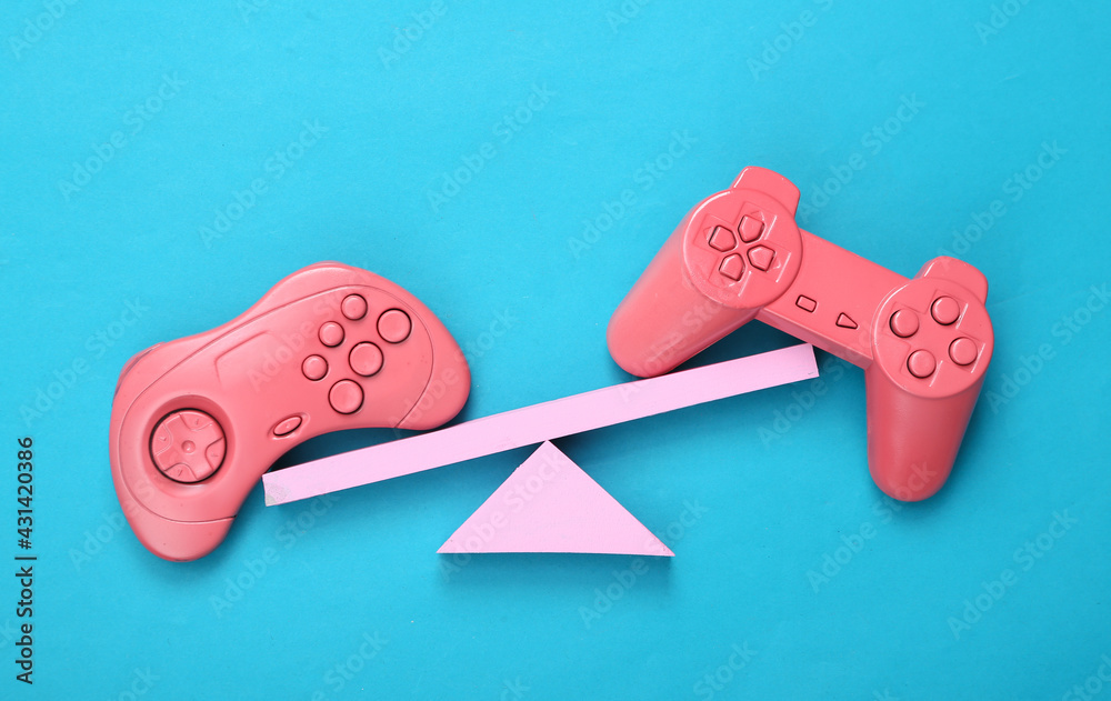 Balancing swing with joysticks on blue background. Creative layout ...