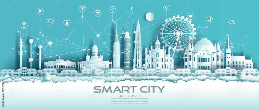 Technology wireless network communication smart city with icon in ...