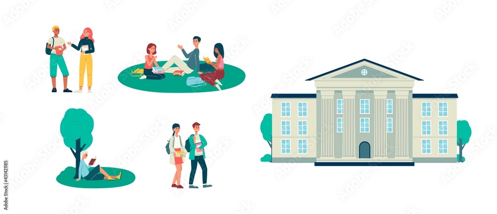 Set of students and university building, flat vector illustration ...