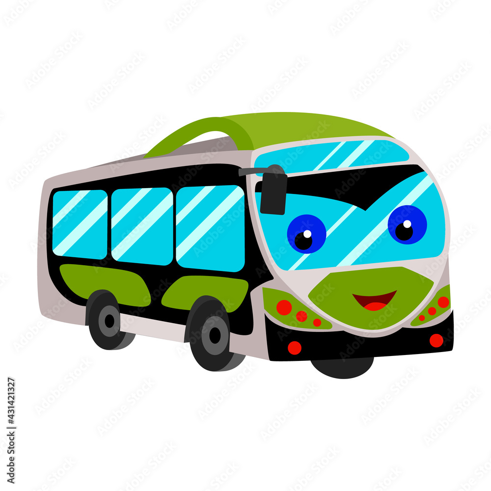 cartoon green bus with eyes. Front view. vector isolated on a white ...
