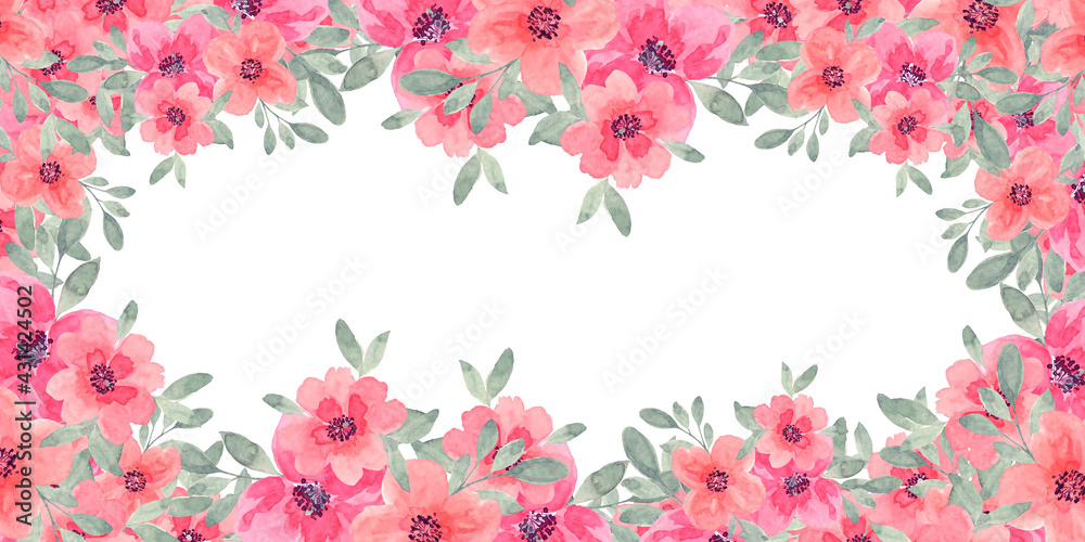 Watercolor pink flowers frame the horizontal banner. Floral pattern for ...
