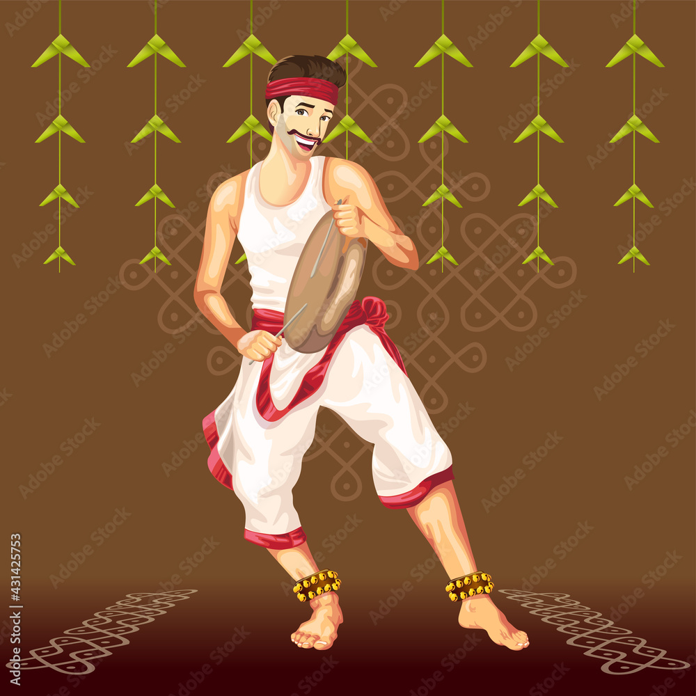 Tamil Folk Dancer with Drum Stock Vector | Adobe Stock
