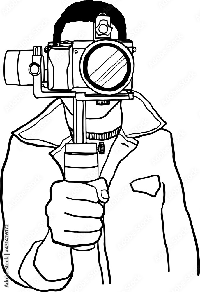Man hand holding Camera on Tripod Influencer making content Hand drawn ...