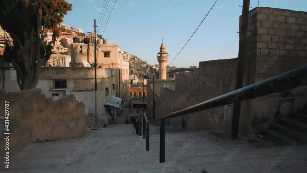 Al Salt old city in Jordan. Middle East. Long shot dolly left from up ...