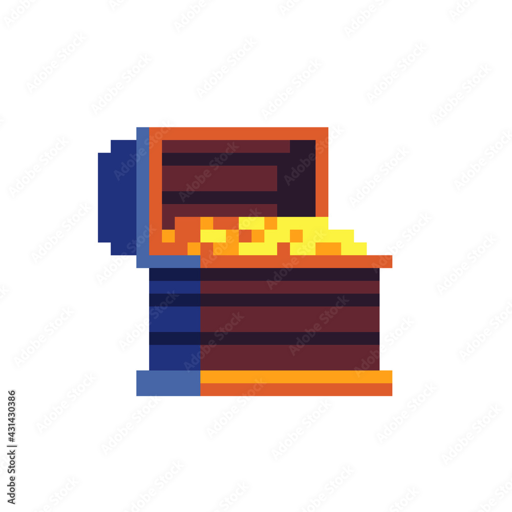Wooden opened chest with gold. Pixel art icon. Flat style logo. Video ...