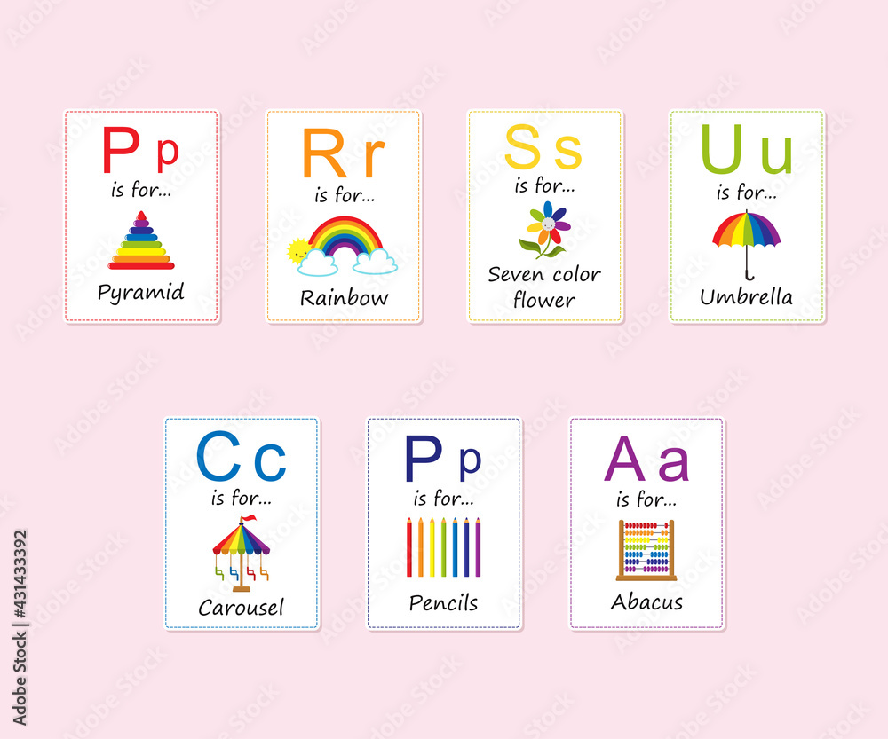 Set of alphabet flash cards with rainbow colored objects. Cartoon flat ...