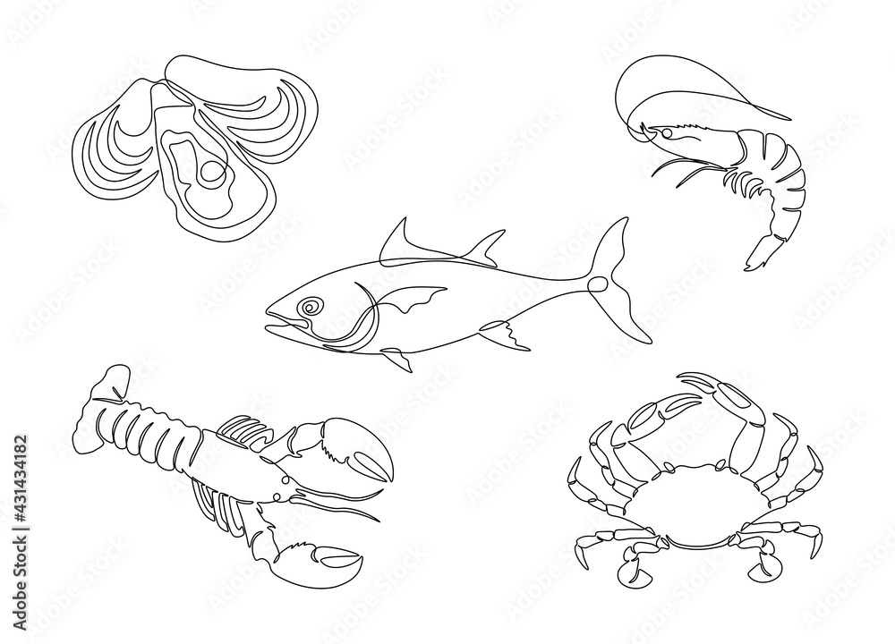 Seafood set in one line art style. Lobster, fish, crab, shrimp, oysters ...