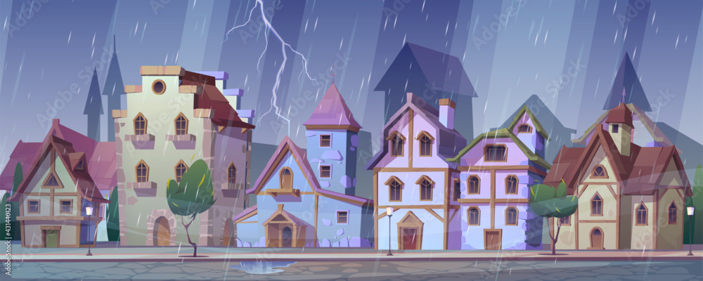 Medieval german night street at rainy weather. Traditional half ...