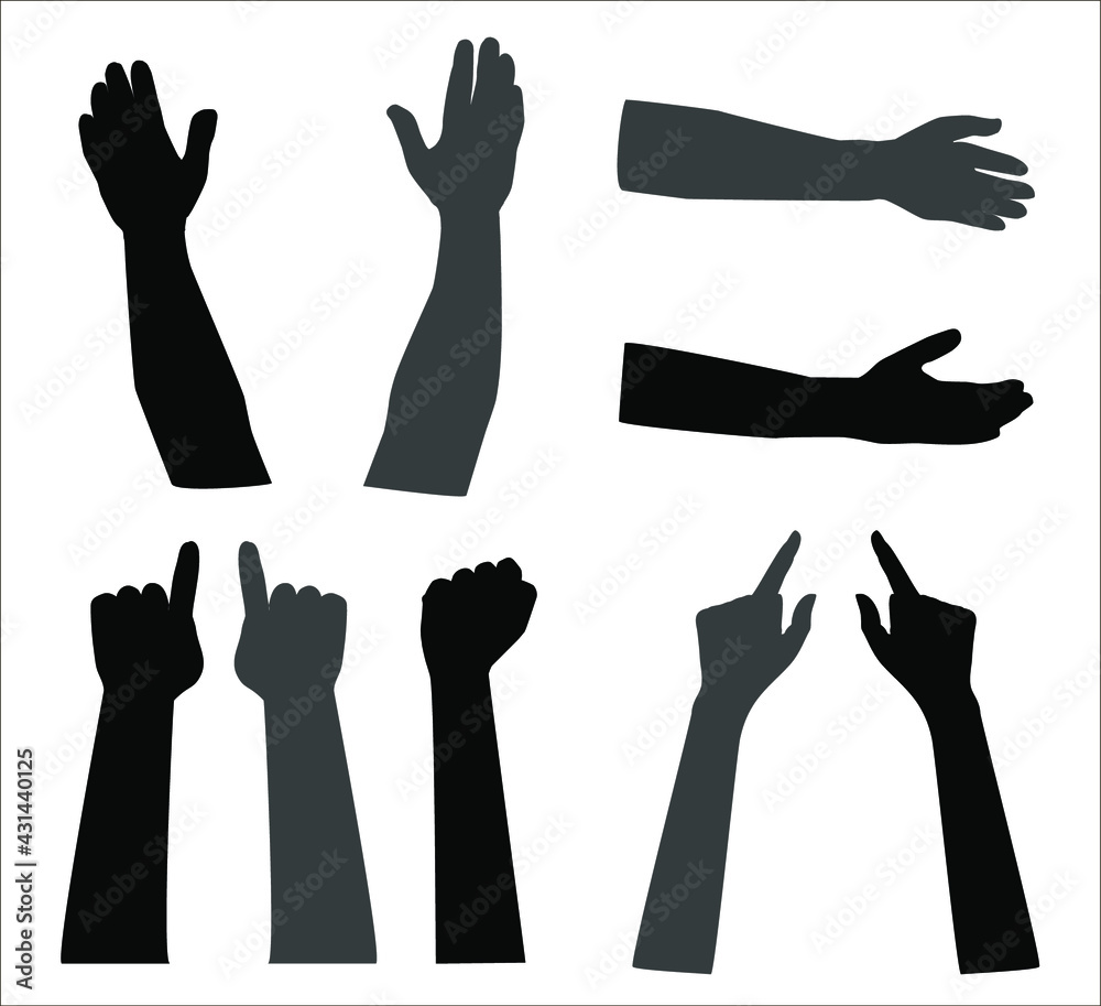 Vector illustration of hand silhouettes. Image of different gestures ...