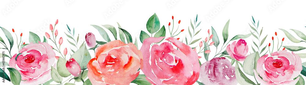 Watercolor pink and red roses flowers and leaves seamless border ...