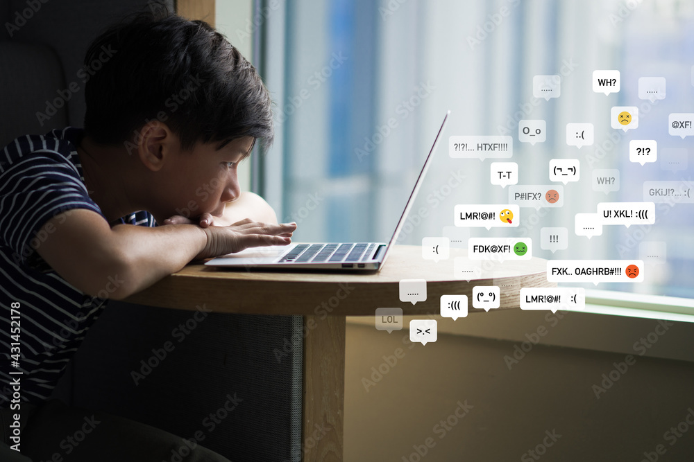 Cyberbullying - social media harassment concept. Portrait of a boy ...