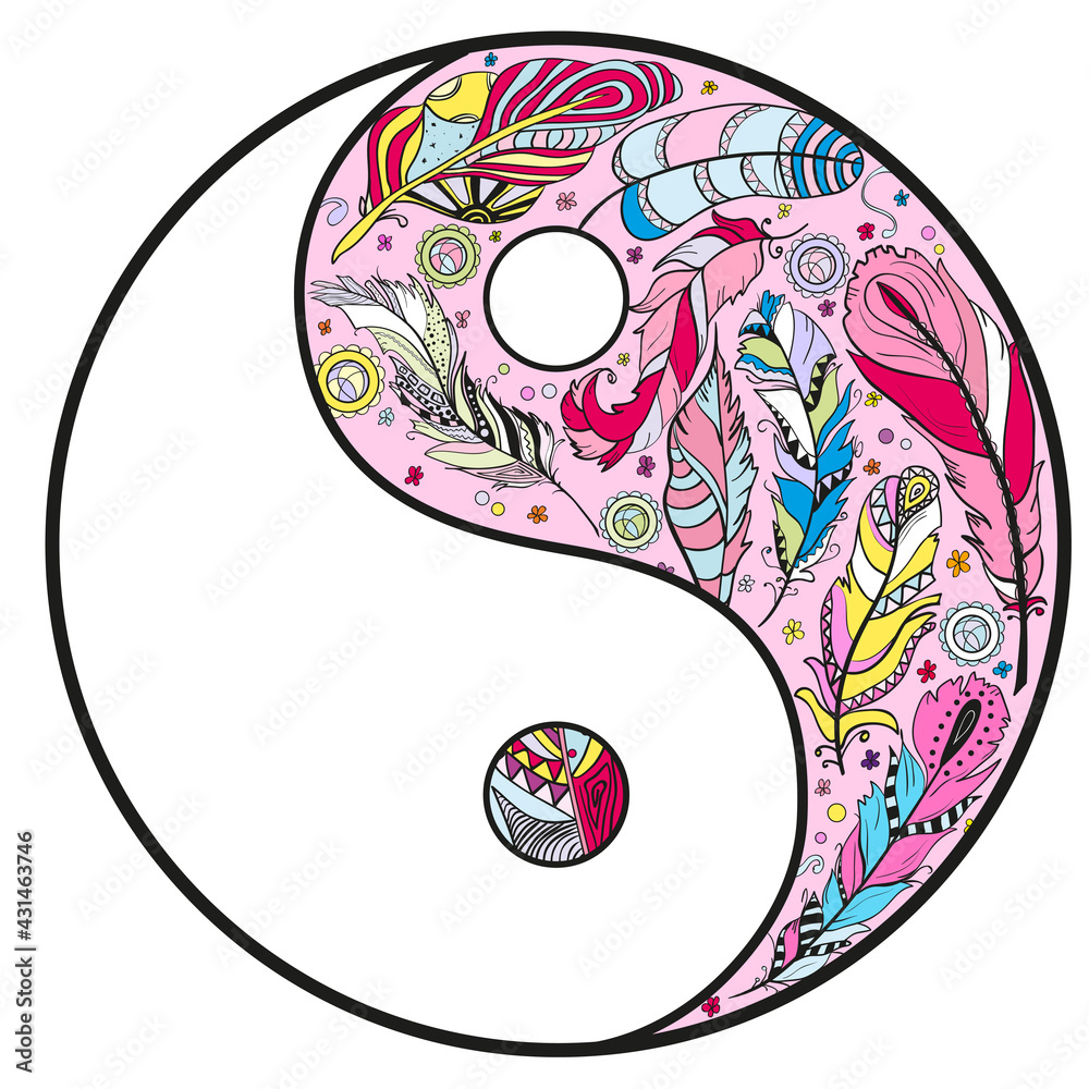 Yin and Yang. Feather pattern. Zentangle. Hand drawn mandala on ...