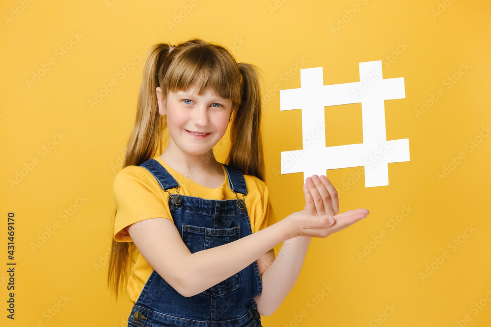 Excited funny little girl kid raises empty palm showing, demonstrate ...