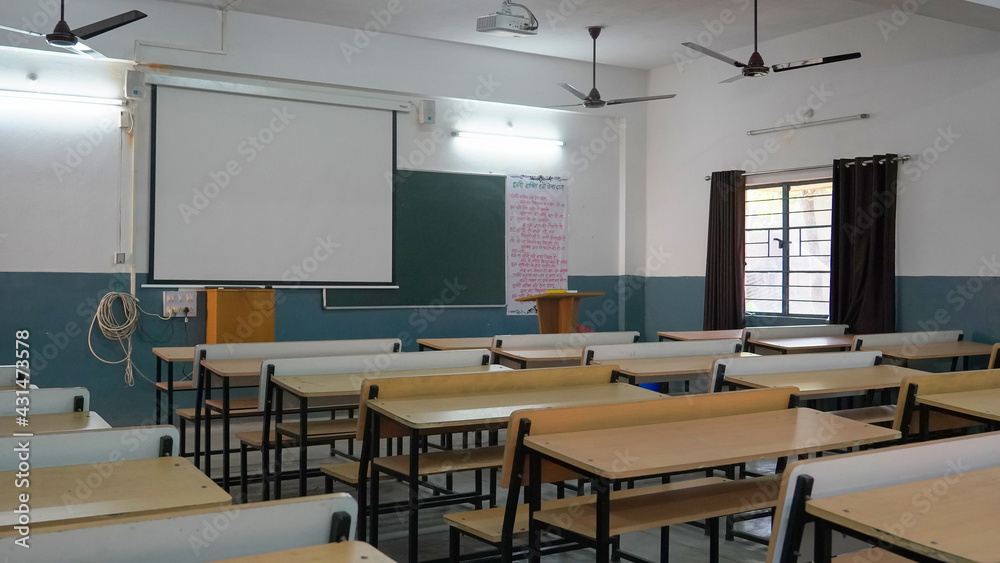 Classroom without student, interior of row empty school in India Stock ...